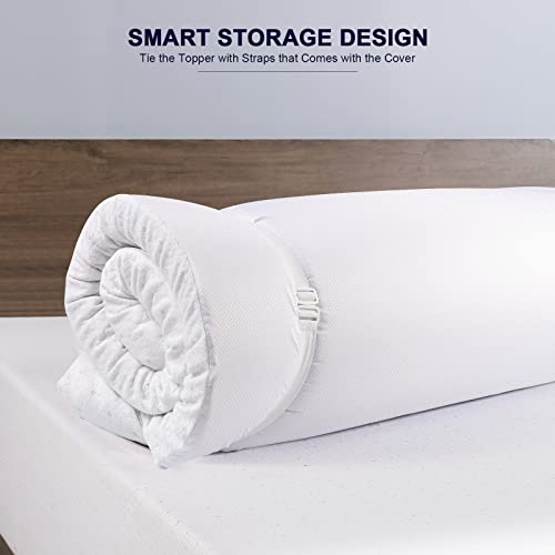 Mattress Topper Cover, Premium Bamboo Zippered Cover for Mattress Topper with Adjustable Straps, Ferlizer 3 Inch Queen Mattress Topper Protector