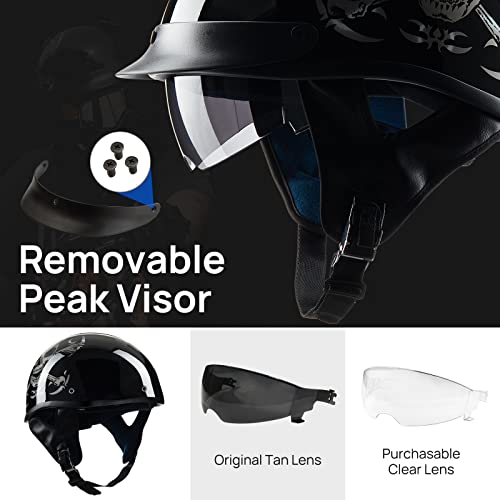 ILM Half Helmet Open Face Motorcycle Helmets for Moped Cruiser Scooter with Sun Visor, DOT Approved Model-210V (Skull, XX-Large)
