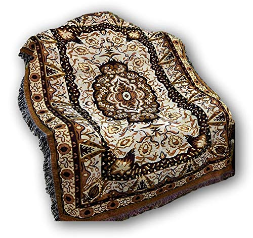 DaDa Bedding Elegant Persian Style Rug Tapestry Throw Blanket - Royal Ornate Golden Opulence w/Fringe Tassels - Decorative Damask Floral Cottage Woven Needle Stitched Design - 50” x 60” (7175)