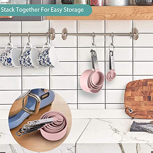 8 Pieces Measuring Cups and Spoons Set / Nesting Measuring Cups with Stainless Steel Handle / for Dry and Liquid Ingredient (Light pink)