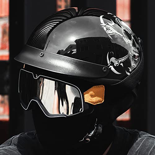 ILM Half Helmet Open Face Motorcycle Helmets for Moped Cruiser Scooter with Sun Visor, DOT Approved Model-210V (Skull, XX-Large)