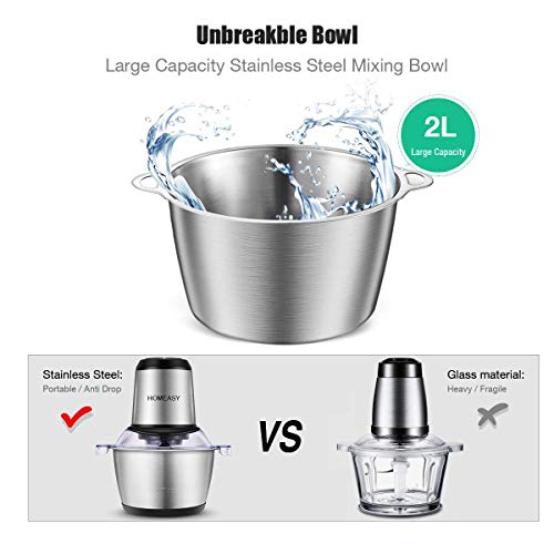 HOMEASY Meat Grinder Electric, Food Processor 2L Stainless Steel Meat Blender Food Chopper for Meat, Vegetables, Fruits and Nuts with 4 Sharp Blades, 350W, 8 Cups, 110V