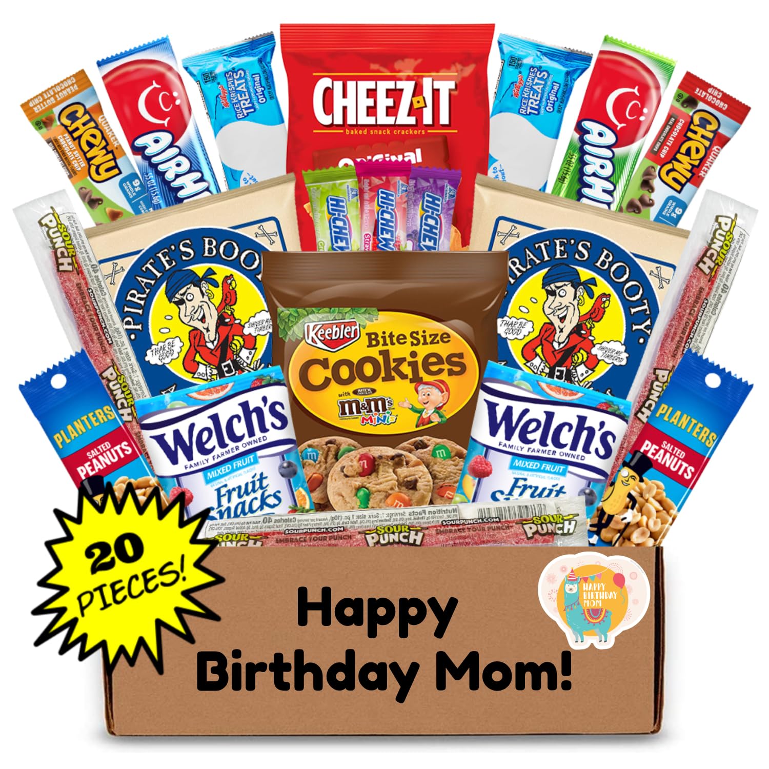 Hangry Kit Birthday Snack Box for Mom - (20 count) Happy Birthday Gift Basket Care Package - Contains Birthday Snacks, Cookies, Chips, Candy. Party Variety Gift Box. (Mom)