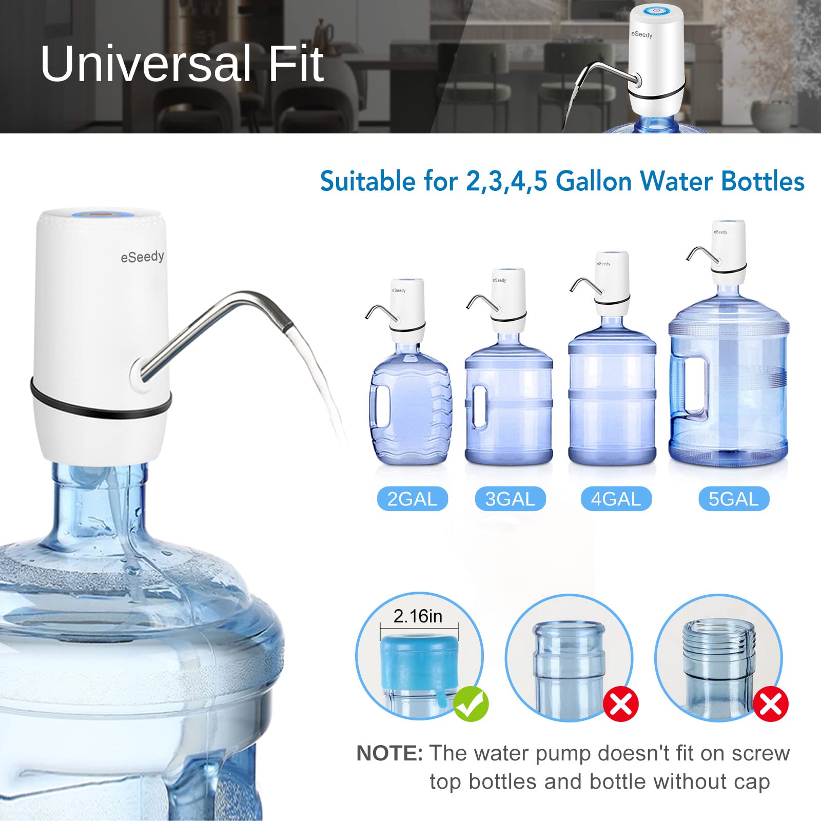Water Pump for 5 Gallon Bottle, USB Charging Automatic Water Dispenser with Rechargeable Battery, Portable Electric Drinking Water Jug Pump for Home, Kitchen, Living Room, Office, Camping - White