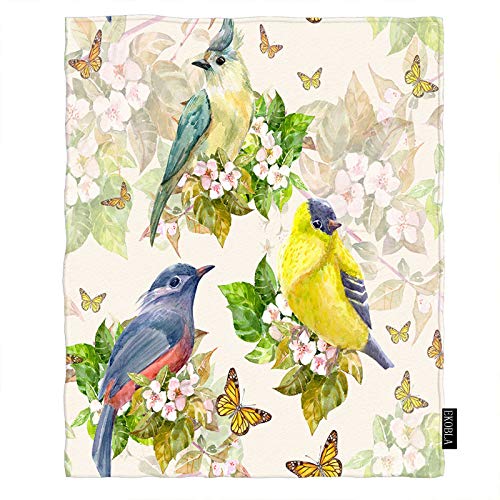 EKOBLA Bird Throw Blanket Cute Birds On Spring Blossom Butterfly Nature Flowers Leaf Ecology Plush Soft Throw Blanket for Chair Sofa Couch Bed Camping Travel Flannel Fleece 50x60 Inch