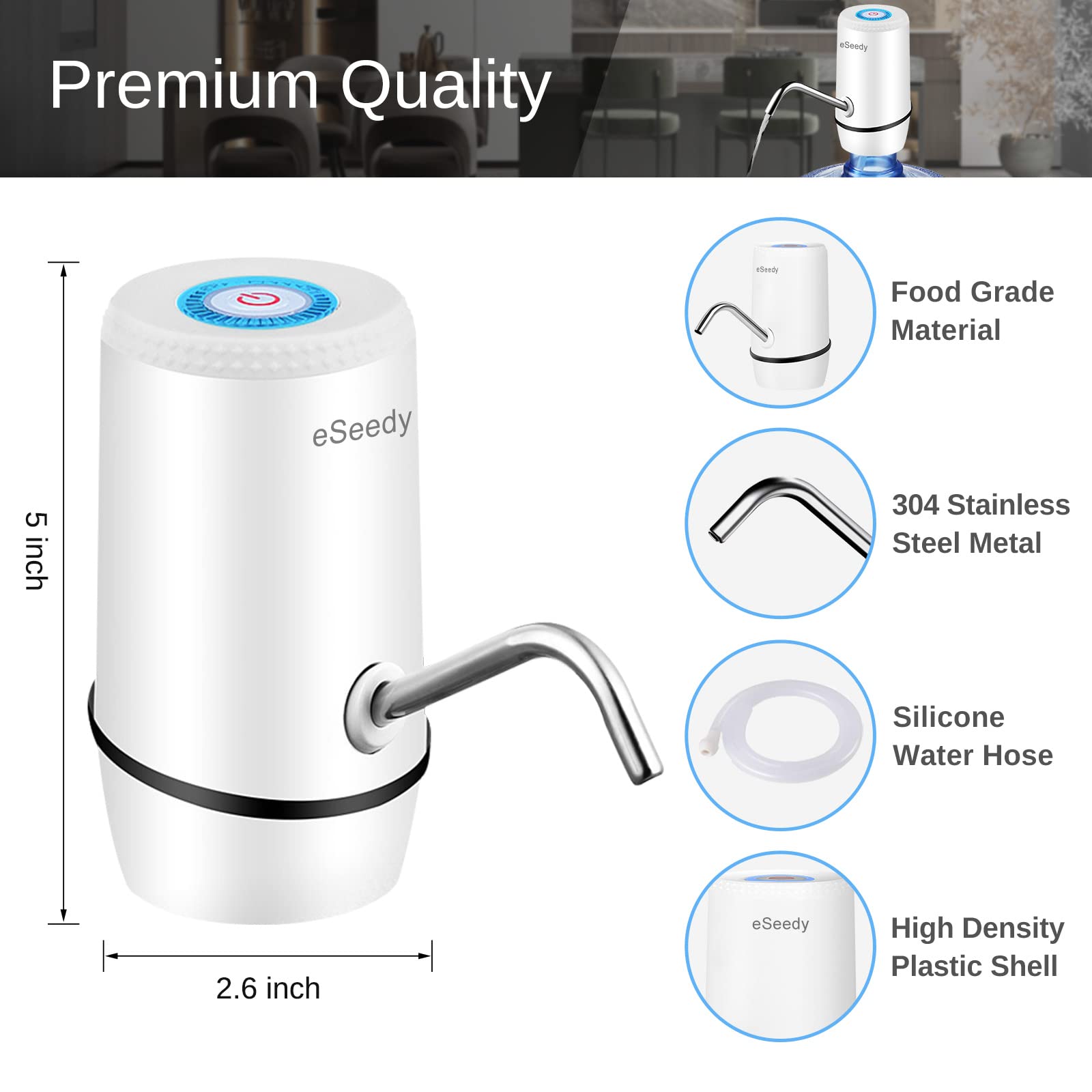 Water Pump for 5 Gallon Bottle, USB Charging Automatic Water Dispenser with Rechargeable Battery, Portable Electric Drinking Water Jug Pump for Home, Kitchen, Living Room, Office, Camping - White