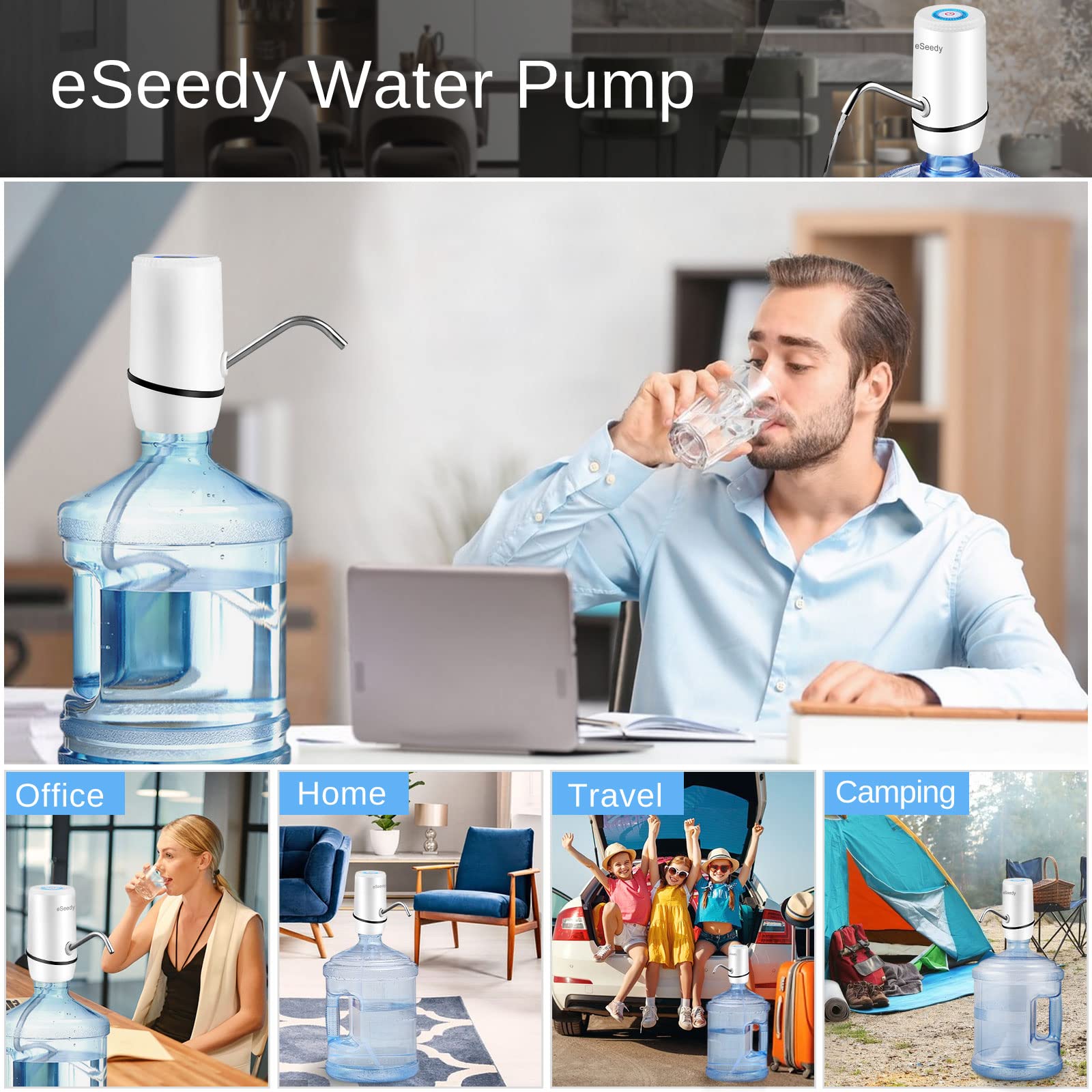 Water Pump for 5 Gallon Bottle, USB Charging Automatic Water Dispenser with Rechargeable Battery, Portable Electric Drinking Water Jug Pump for Home, Kitchen, Living Room, Office, Camping - White