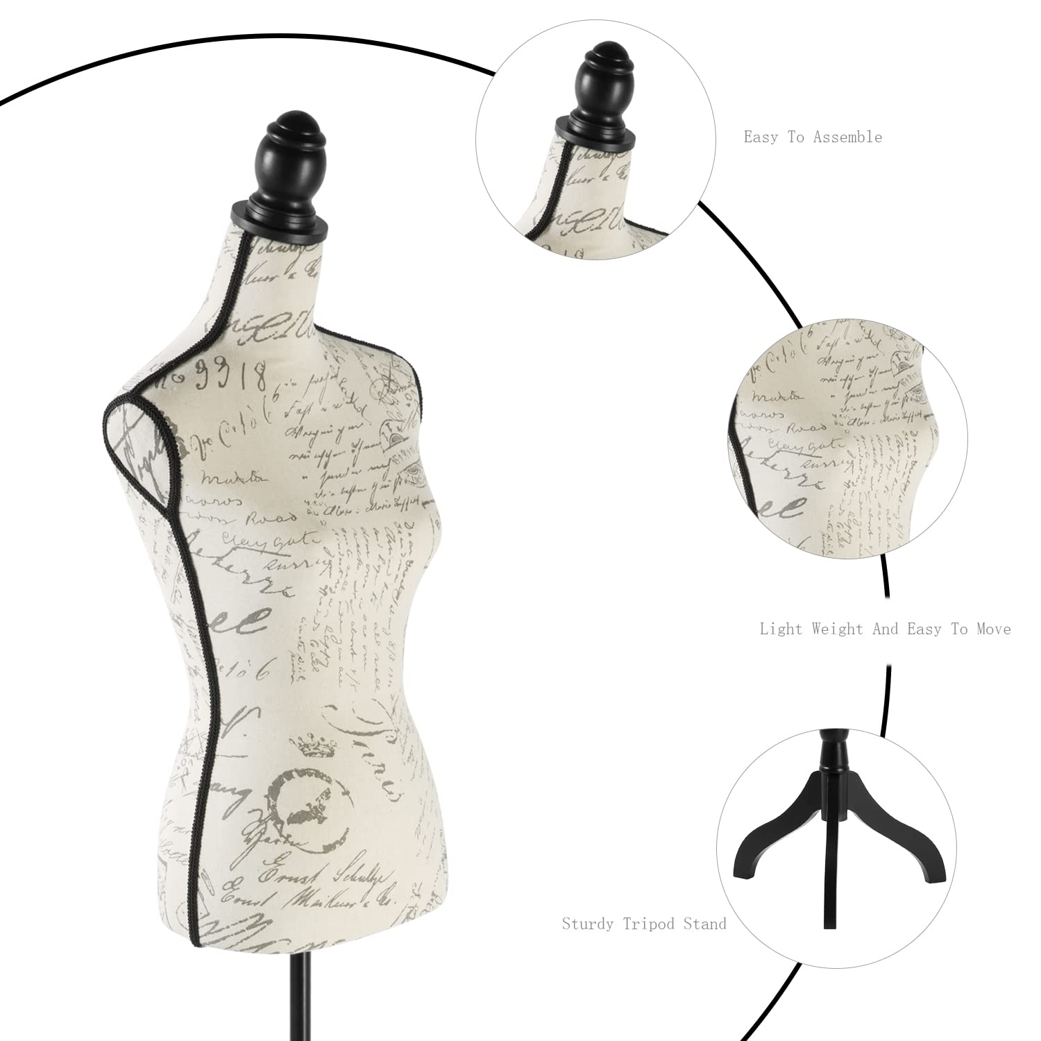 Female Mannequin Adjustable Dress Form-Large Torso Tripod Stand Display,100% Handmade Soft Stretchy,Adjustable Height Style, for Sewing Display-Mannequin Body Torso with Tripod Base Stand(Letter)