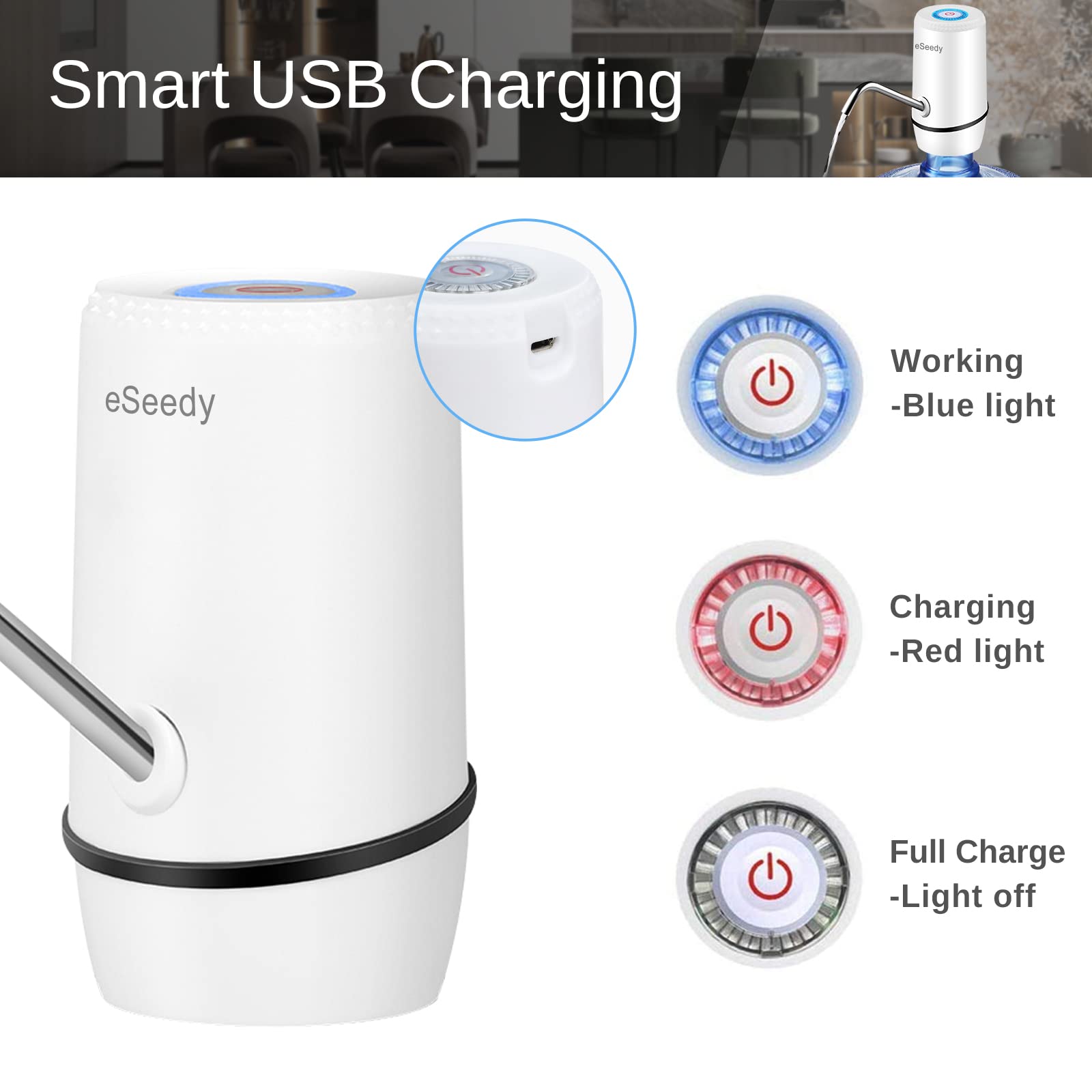 Water Pump for 5 Gallon Bottle, USB Charging Automatic Water Dispenser with Rechargeable Battery, Portable Electric Drinking Water Jug Pump for Home, Kitchen, Living Room, Office, Camping - White