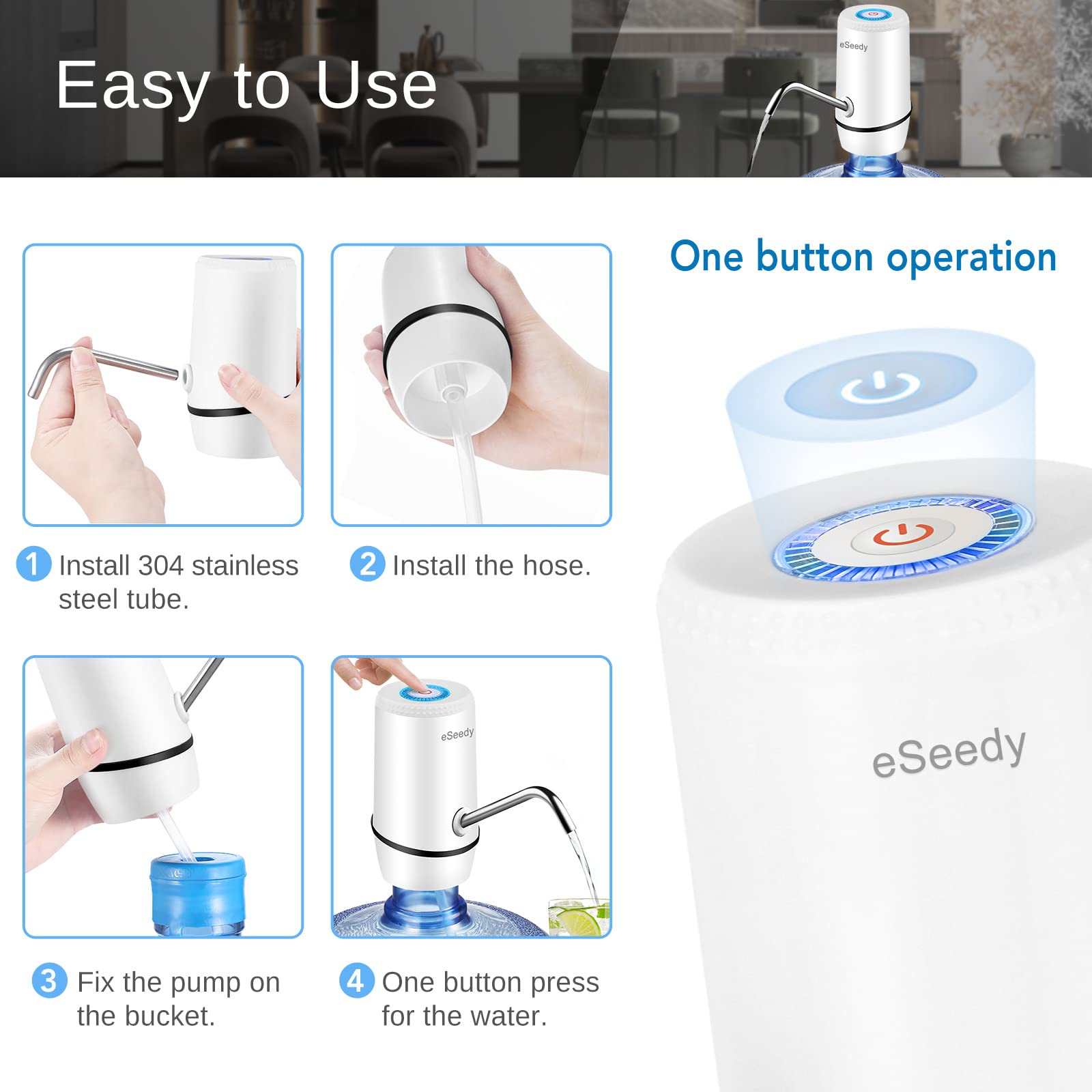 Water Pump for 5 Gallon Bottle, USB Charging Automatic Water Dispenser with Rechargeable Battery, Portable Electric Drinking Water Jug Pump for Home, Kitchen, Living Room, Office, Camping - White