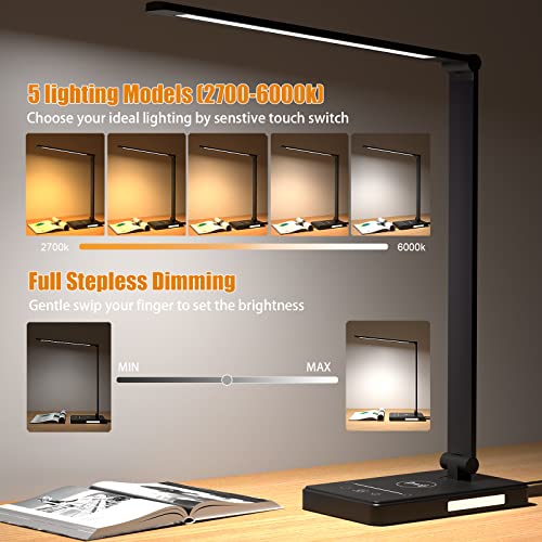 LED Desk Lamp with 10W Fast Wireless Charger, Dimmable Eye Caring Reading Desk Lamps for Office Home, Desk Light with 5 Lighting & 10 Brightness, Touch Control Table Lamp Dorm for Study Gifts BEYONDOP