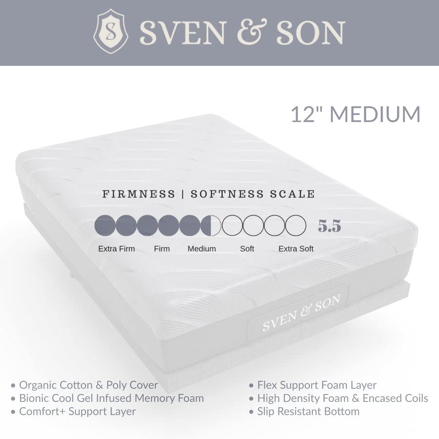 Sven & Son Queen Mattress, Bed in A Box, 12" Luxury Cool Gel Memory Foam, Pressure Relief & Support, 10" Year Warranty, Designed in USA (Queen, Mattress Only 12" Medium)