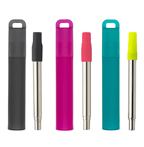 Metal Reusable Straws, 3 Pack Collapsible Portable Stainless Steel Straws, with Plastic Housing Silicone Tips and Cleaning Brush, Retractable Portable Pocket Drinking Straws