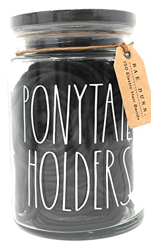 Rae Dunn by Magenta LL PONYTAIL HOLDERS Large Jar, 150 elastic hair bands ties, 5.5" tall x 3.75" wide, Glass, Bathroom, Bedroom, Scrunchy, Holder, Storage, Organizer, Apothecary, Vanity