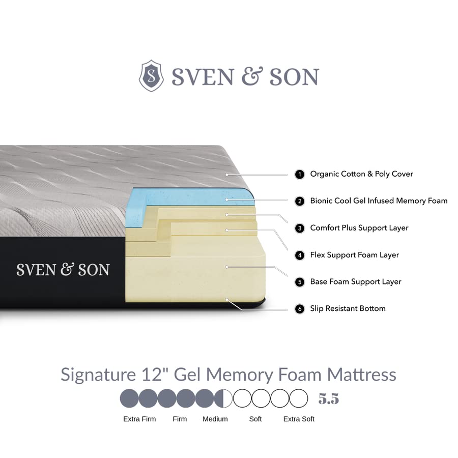 Sven & Son Queen Mattress, Bed in A Box, 12" Luxury Cool Gel Memory Foam, Pressure Relief & Support, 10" Year Warranty, Designed in USA (Queen, Mattress Only 12" Medium)