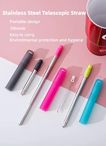 Metal Reusable Straws, 3 Pack Collapsible Portable Stainless Steel Straws, with Plastic Housing Silicone Tips and Cleaning Brush, Retractable Portable Pocket Drinking Straws