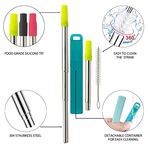 Metal Reusable Straws, 3 Pack Collapsible Portable Stainless Steel Straws, with Plastic Housing Silicone Tips and Cleaning Brush, Retractable Portable Pocket Drinking Straws