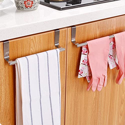 Coufce 23cm / 9 Inch Stainless Steel Kitchen Cabinet Towel Holder, Over Door Towel Rack Bar Holder, Towel Rack with Hooks for Bathroom, Over Cabinet Cupboard Doors(2Pcs)