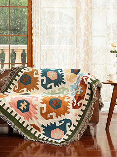 Sonemone Boho Throw Blankets Kilim Geometric Blankets with Tassel Double-Sided Throws Cover for Couch Chair Sofa Bed Outdoor Beach Travel 50"x60", Multicolor
