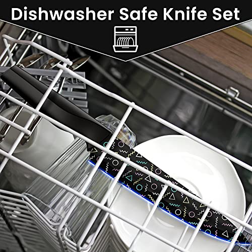 Astercook Knife Set, 12 Pcs Colorful Geometric Pattern Kitchen Knife Set, 6 Stainless Steel Kitchen Knives with 6 Blade Guards, Dishwasher Safe, Black