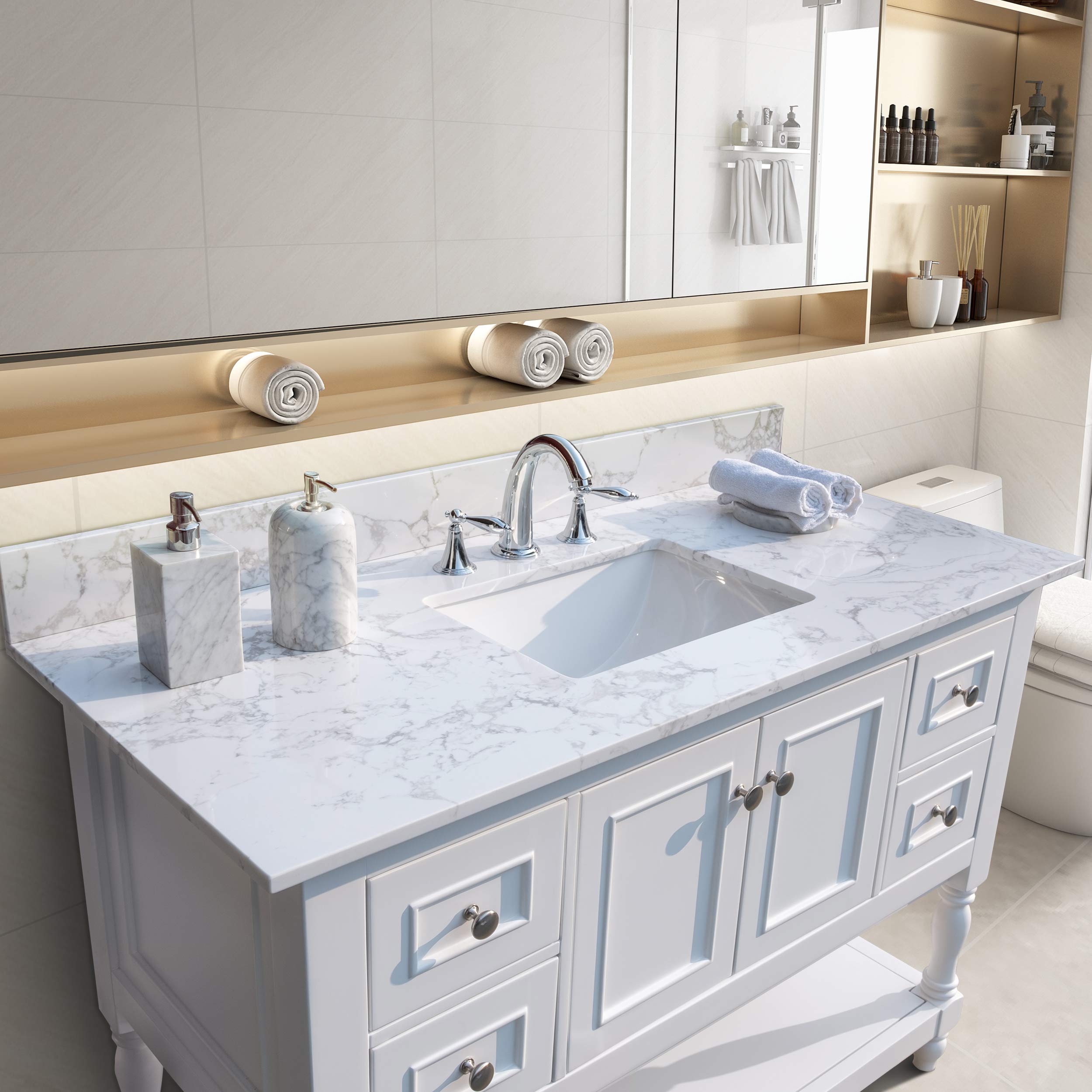 DNYN 43''x22''Inch Bathroom Stone Vanity Top Engineered Marble Color with Rectangle Undermount Ceramic Sink and 3 Faucet Hole with Backsplash(Not Included Cabinet, White