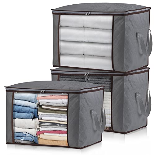 FORCTIBULL Large Storage Bags, Closet Organizers and Storage Bins with Lids, Storage Containers with Clear Window for Organizing Clothes Blanket Comforter Bedding Toy, 84L (3 Pack, Gray)