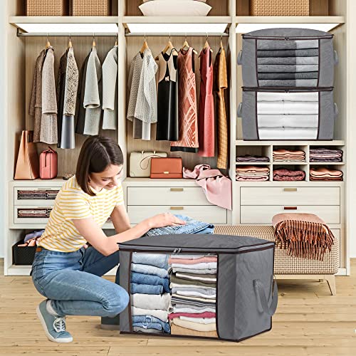 FORCTIBULL Large Storage Bags, Closet Organizers and Storage Bins with Lids, Storage Containers with Clear Window for Organizing Clothes Blanket Comforter Bedding Toy, 84L (3 Pack, Gray)