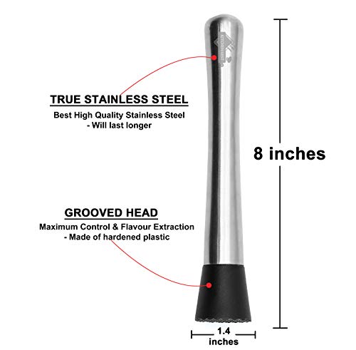 Kitchen Rest Muddler for Cocktails - 8inch Long 1pc Stainless Steel Fruit Crusher - Bar Tools for Home for Making Mojito Mix and Other Fruit Drinks