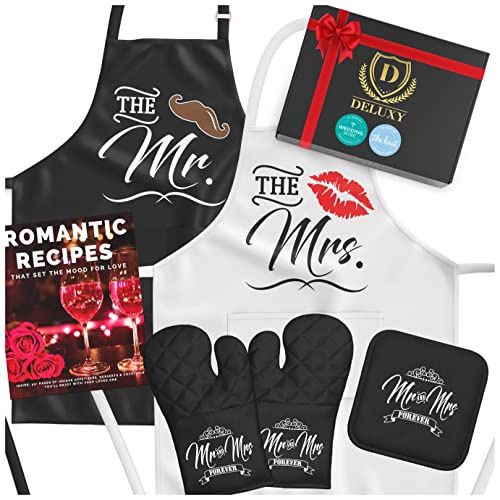 DELUXY Mr and Mrs Aprons - Wedding Gifts for Couple Unique 2023, Cool Bridal Shower Gifts for Bride & Groom, Engagement Gifts for Couples Newly Engaged, Mr & Mrs Gifts, His & hers gifts, Anniversary