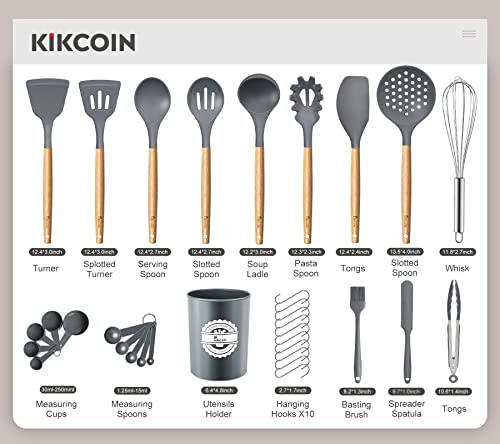 33 PCS Kitchen Utensils Set, Kikcoin Wood Handle Silicone Cooking Utensils Set with Holder, Spatulas Silicone Heat Resistant Cooking Gadgets for Nonstick Cookware, Grey