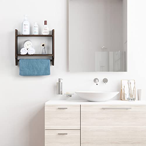 OYEAL Bathroom Shelf Wall Mounted Farmhouse Towel Rack with Towel Bar 2 Tier Bathroom Organizer for Kitchen Bathroom Living Room, Rustic Brown