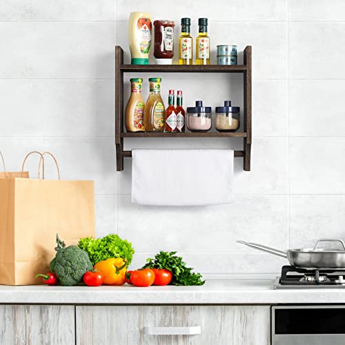 OYEAL Bathroom Shelf Wall Mounted Farmhouse Towel Rack with Towel Bar 2 Tier Bathroom Organizer for Kitchen Bathroom Living Room, Rustic Brown