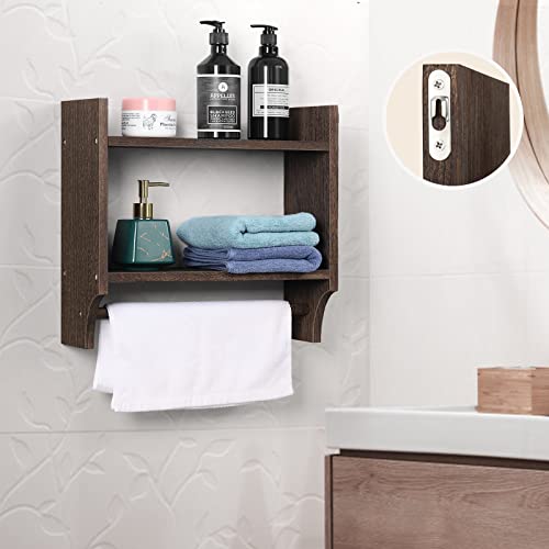 OYEAL Bathroom Shelf Wall Mounted Farmhouse Towel Rack with Towel Bar 2 Tier Bathroom Organizer for Kitchen Bathroom Living Room, Rustic Brown