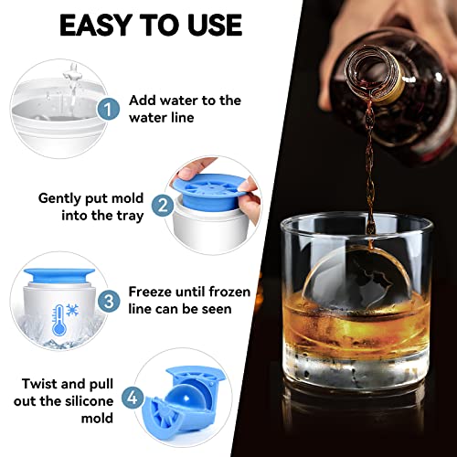 [4 Pack] Longzon Crystal Clear Ice Ball Maker Mold, Ice Cube Tray, Whiskey Ice Mold Large 2.4 Inch, Silicone Round Ice Cube Tray for Freezer, Sphere Ice Mold Maker for Whiskey, Cocktails and Drinks