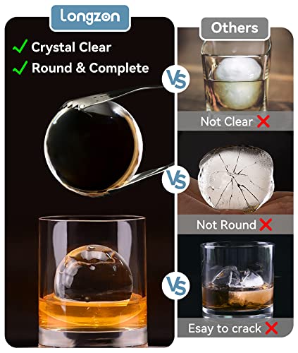 [4 Pack] Longzon Crystal Clear Ice Ball Maker Mold, Ice Cube Tray, Whiskey Ice Mold Large 2.4 Inch, Silicone Round Ice Cube Tray for Freezer, Sphere Ice Mold Maker for Whiskey, Cocktails and Drinks