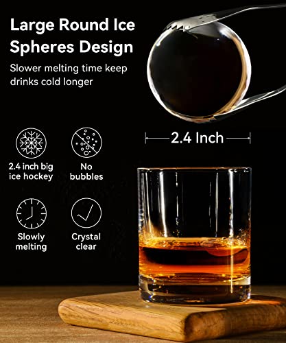 [4 Pack] Longzon Crystal Clear Ice Ball Maker Mold, Ice Cube Tray, Whiskey Ice Mold Large 2.4 Inch, Silicone Round Ice Cube Tray for Freezer, Sphere Ice Mold Maker for Whiskey, Cocktails and Drinks