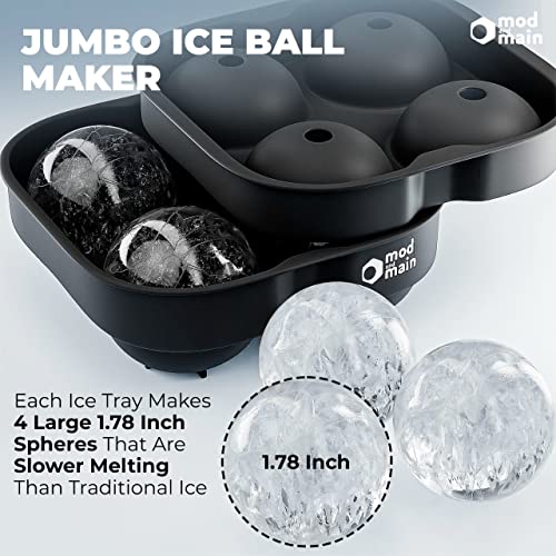 Mod And Main Ice Ball Maker Mold Makes 4 X 1.78" Ice Balls For Whiskey - Big Ice Cube Molds For Bourbon - Black Round Ice Cube Trays - Sphere Ice Cube Mold - Round Ice Cube Mold Ice Tray - 1pk