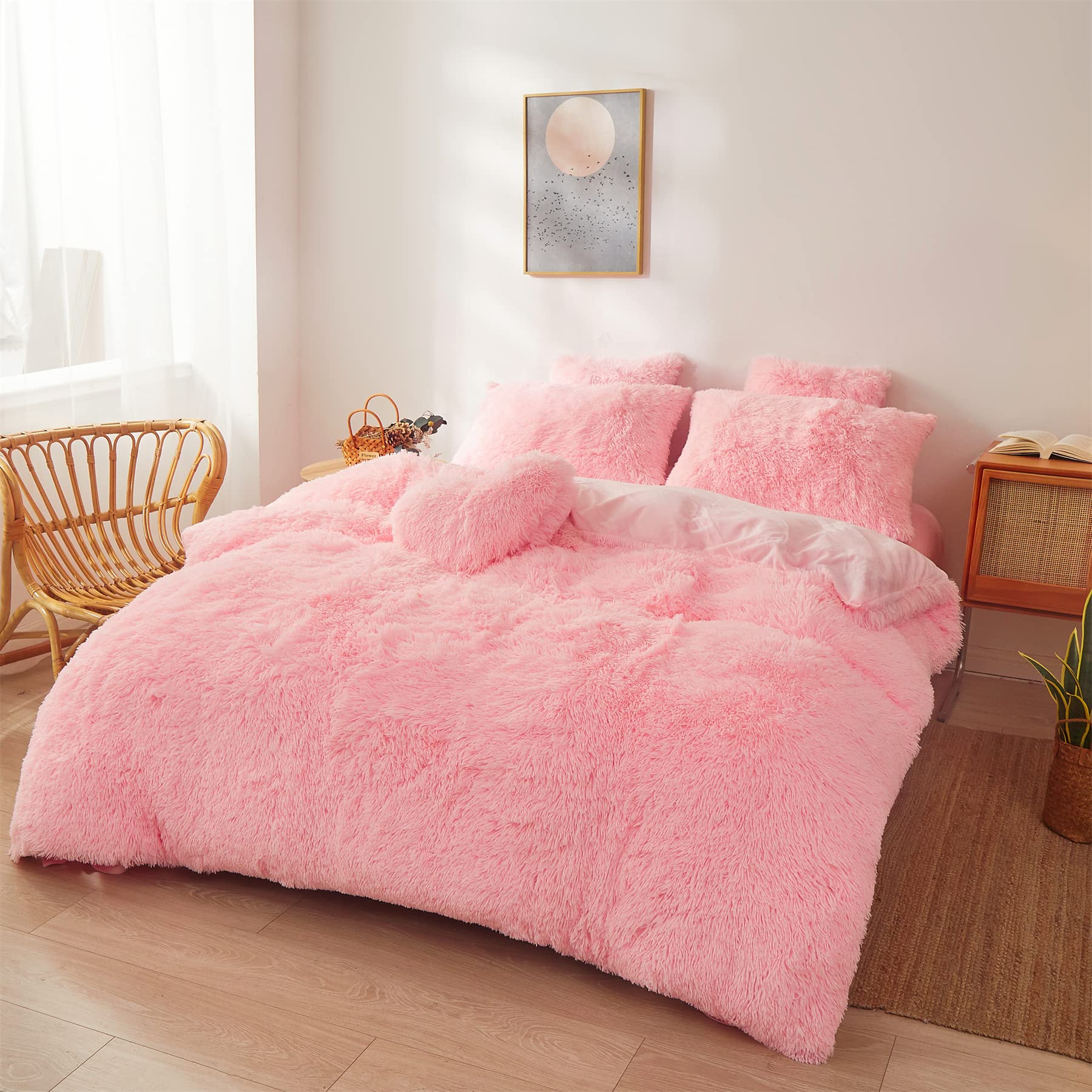 Fluffy Pink Faux Fur Comforter Cover Set - Ultra Soft Plush Bedding, 3 Pieces with 2 Pillow Cases, Cute Light Pink Queen Bed Set