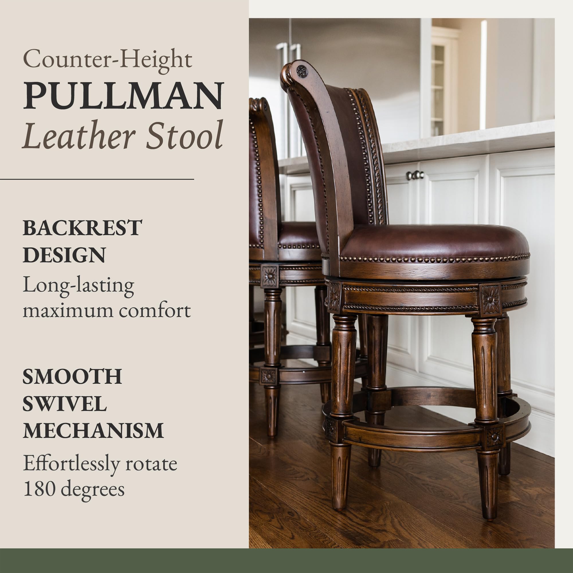 Maven Lane Pullman 26 Inch Tall Counter Height Upholstered Barstool with Back in Dark Walnut Finish with Vintage Brown Vegan Leather Seat, Set of 2