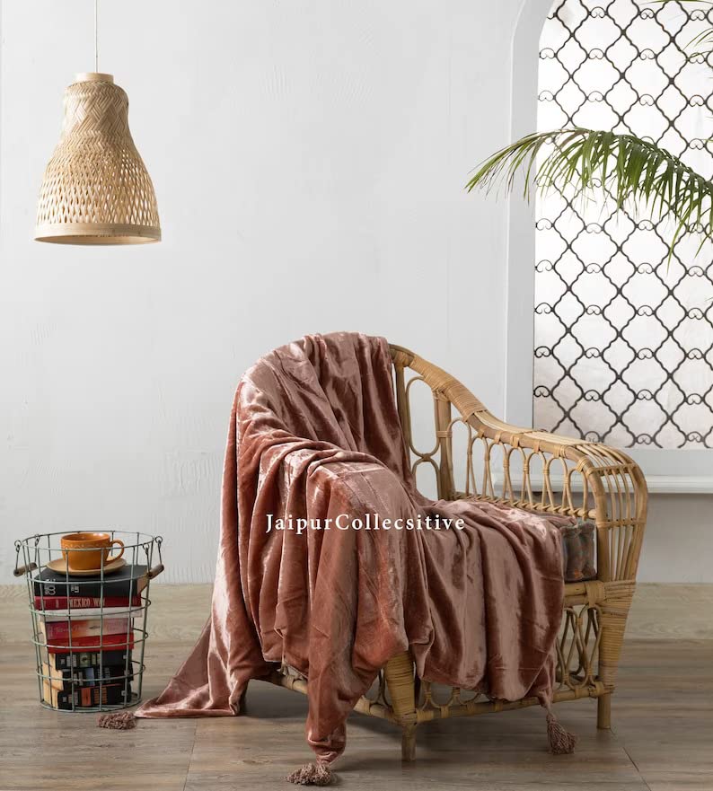 Luxury Crushed Rose Velvet Throw Blanket with Tassels Soft Velvet Boho Sofa Throw for Living Room 120X180 Cms UO