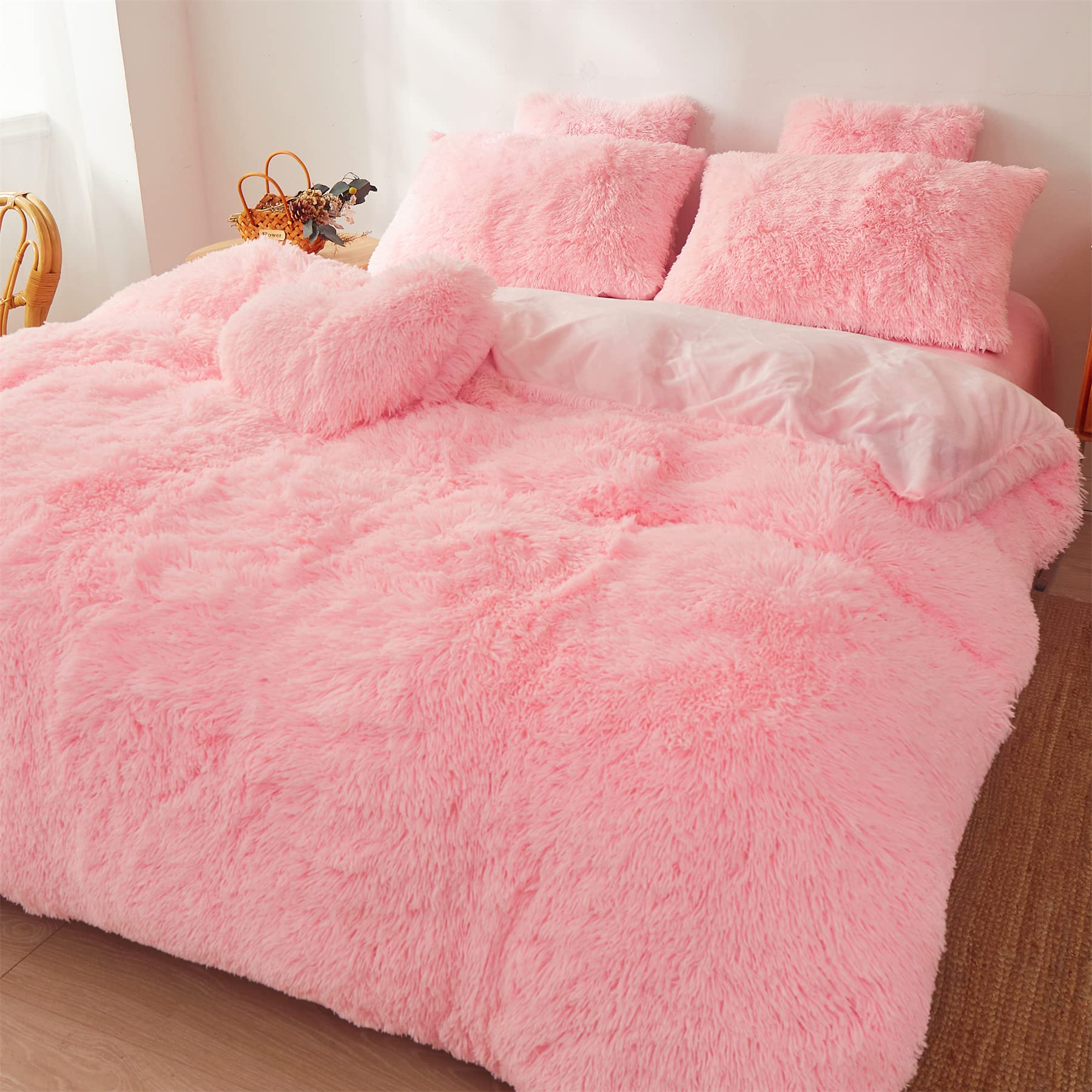 Fluffy Pink Faux Fur Comforter Cover Set - Ultra Soft Plush Bedding, 3 Pieces with 2 Pillow Cases, Cute Light Pink Queen Bed Set