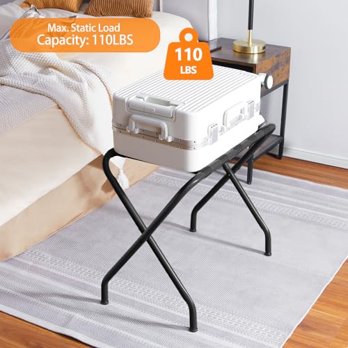 ELYKEN 2 Pack Folding Luggage Rack for Guest Room, Heavy Duty Max 110LBS Loading Bearing Suitcase Holder, Easily Assemble Metal Stand, Narrow Foldable Space Saving Hotel Storage Rack, Black