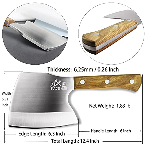 BLADESMITH Meat Cleaver Butcher Axe Bone Chopper Heavy Duty - 6.3'' Bone Cutting Knife Bone Breaker, Stainless Steel Thicken Blade & Pear Wood Handle, for Kitchen/Slaughterhouse Looks Manly