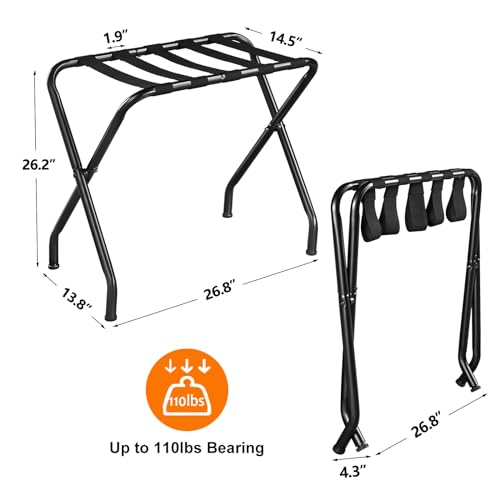 ELYKEN 2 Pack Folding Luggage Rack for Guest Room, Heavy Duty Max 110LBS Loading Bearing Suitcase Holder, Easily Assemble Metal Stand, Narrow Foldable Space Saving Hotel Storage Rack, Black