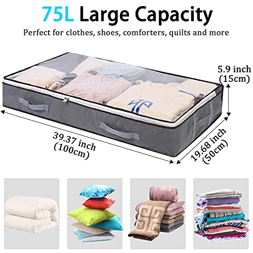 Vieshful 5 Pack 75L Grey Underbed Storage Bags and 3 Pack 75L Clear Underbed Containers,Large Capacity Clothing Organizers for Bedding Blanket Comforter Quilt