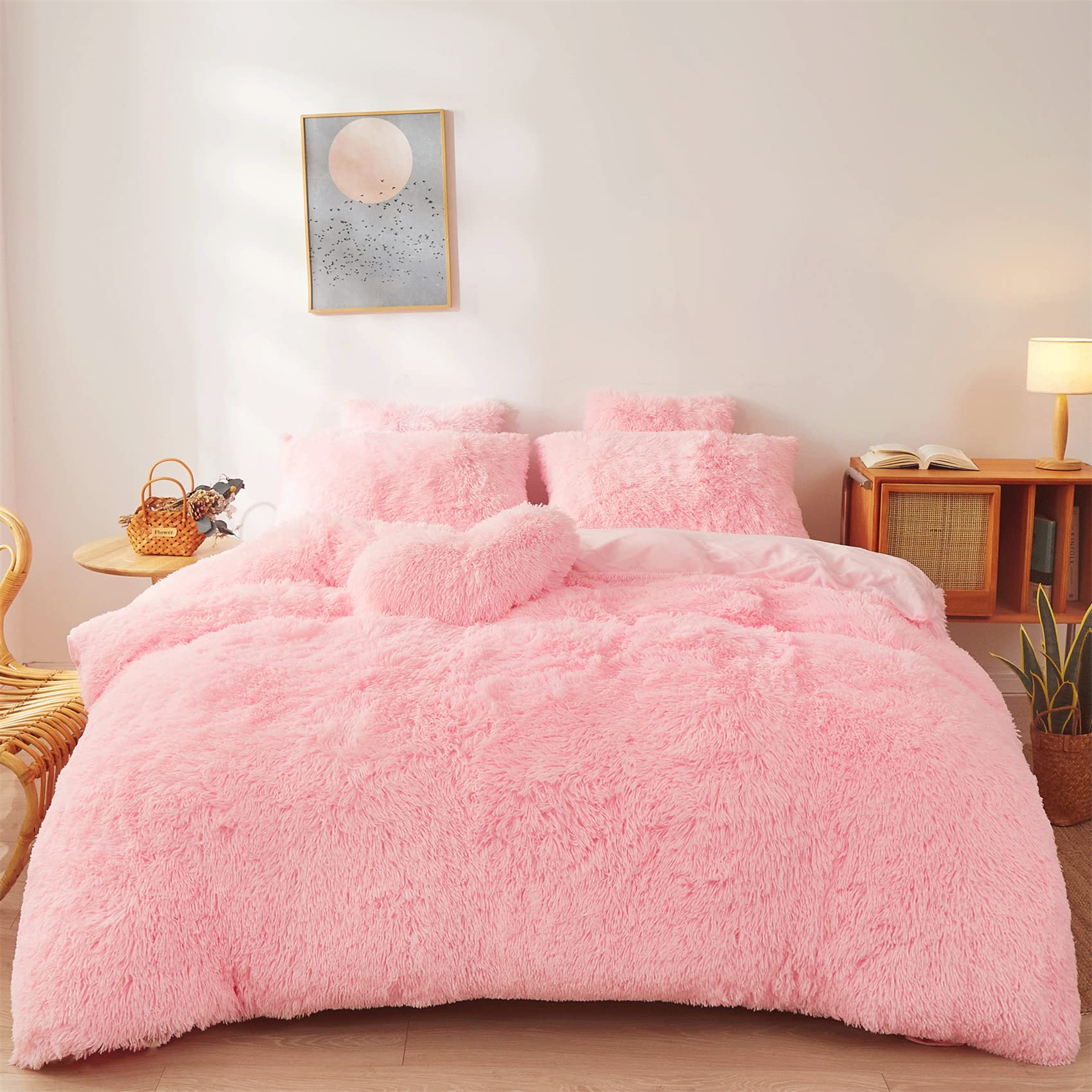 Fluffy Pink Faux Fur Comforter Cover Set - Ultra Soft Plush Bedding, 3 Pieces with 2 Pillow Cases, Cute Light Pink Queen Bed Set