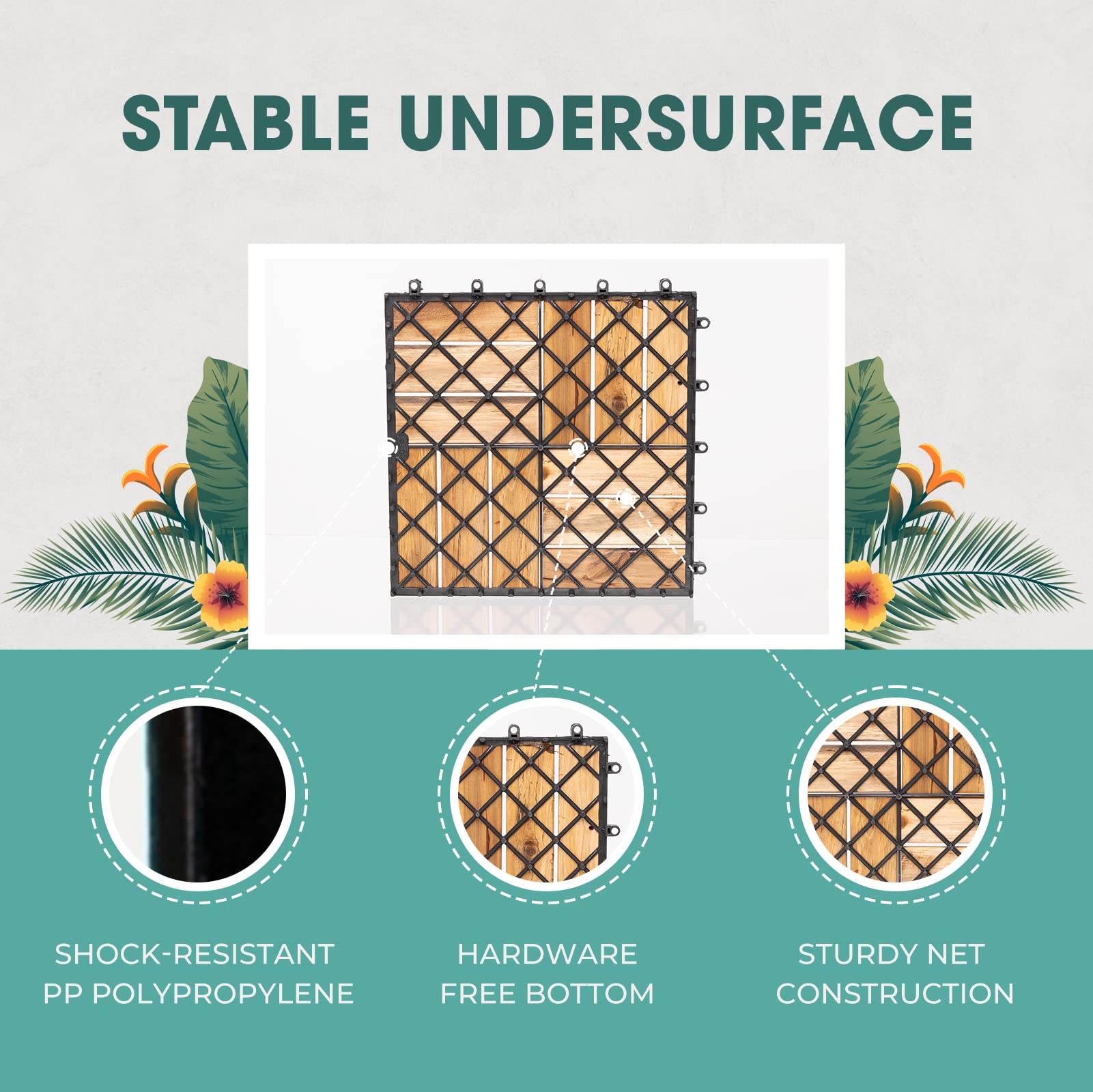 Idzo Interlocking Deck Tiles - 10PCS Waterproof Acacia Wood Patio Tiles, Flooring Tiles for Both Indoor and Outdoor - Decking Checker Pattern, 12 x 12 x 0.9 Inches, Golden Teak