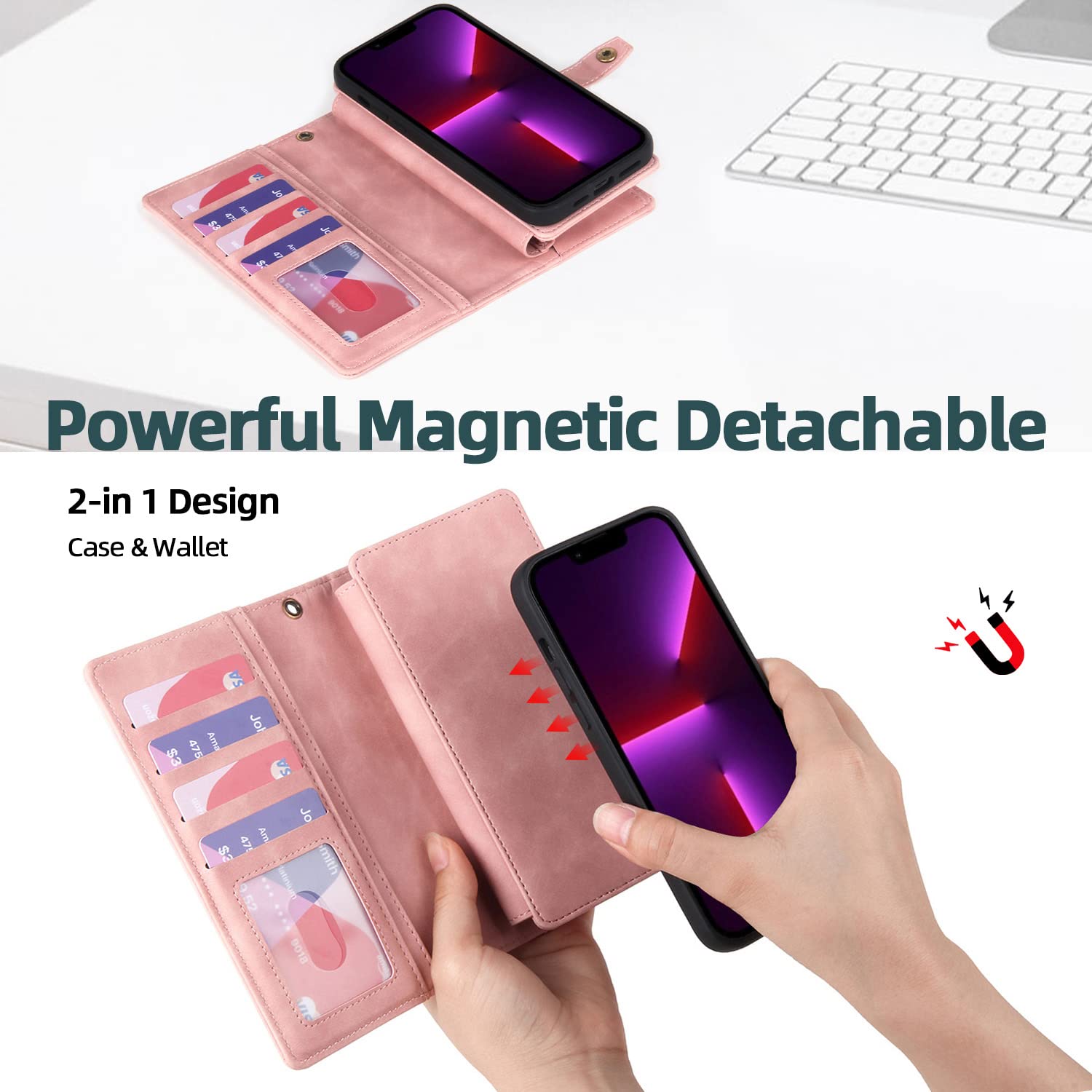 TwoHead for iPhone 11 Wallet case with Card Holder & Detachable Magnetic Phone case, PU Leather case Wallet for Women/Men,Wallet Phone Case (Pink)