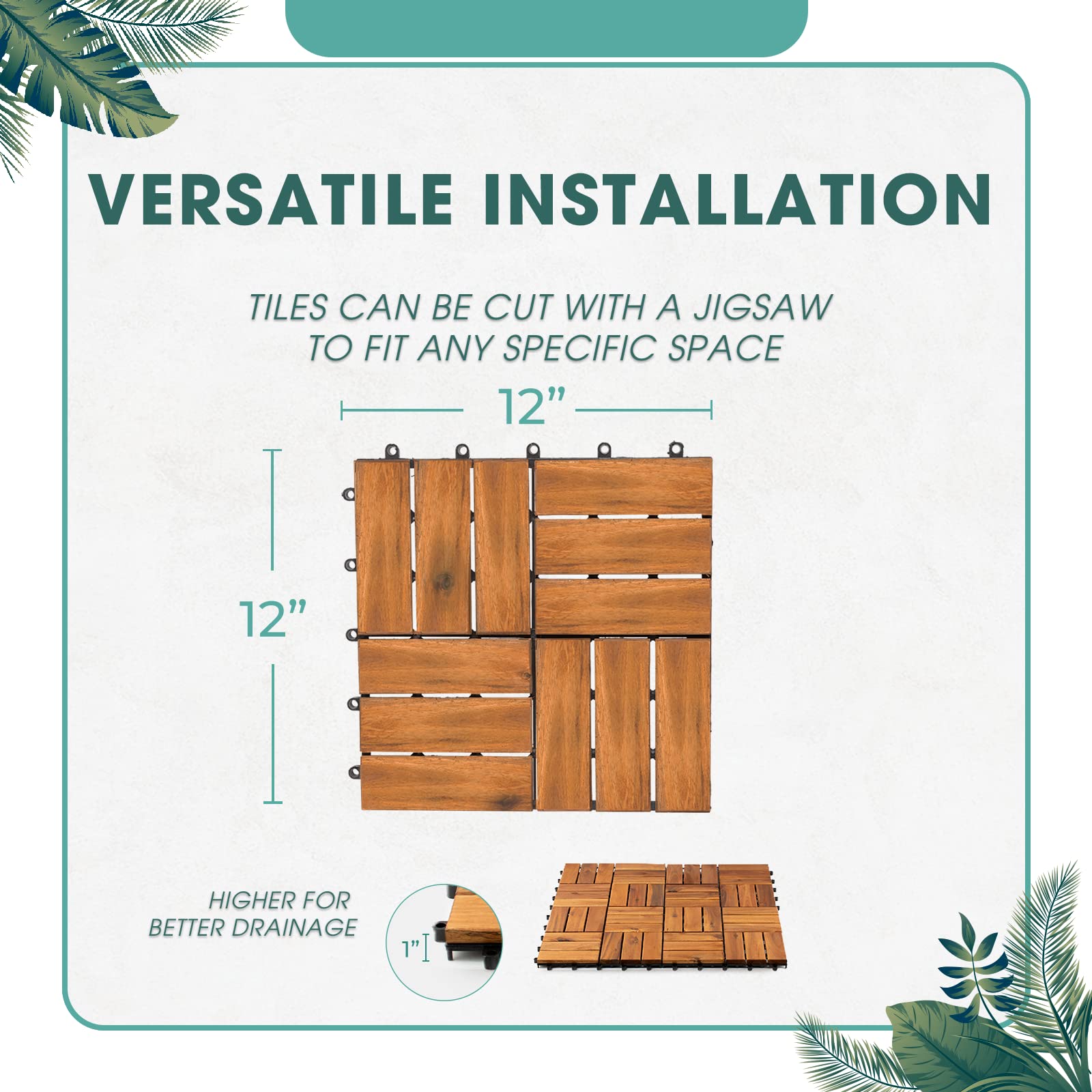 Idzo Interlocking Deck Tiles - 10PCS Waterproof Acacia Wood Patio Tiles, Flooring Tiles for Both Indoor and Outdoor - Decking Checker Pattern, 12 x 12 x 0.9 Inches, Golden Teak
