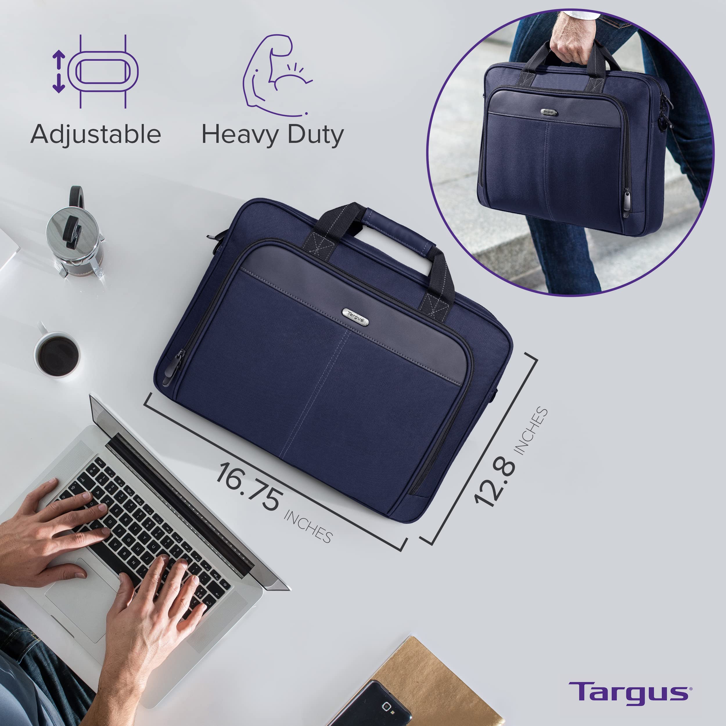 Targus 15-16 Inch Classic Slim Laptop Bag, Blue - Ergonomic Briefcase and Messenger Bag - Spacious Foam Padded Laptop Bag for 16" Laptops and Under (TCT027US)